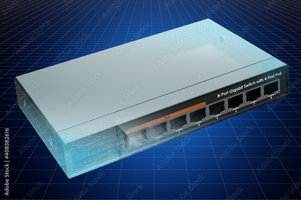 Visualization 3d cad model of network switch, blueprint. 3D rendering ...