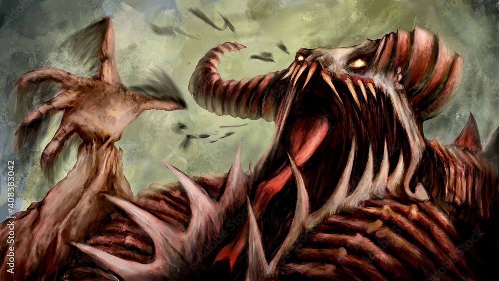 A demon with an open mouth and a protruding tongue screams, his fangs ...