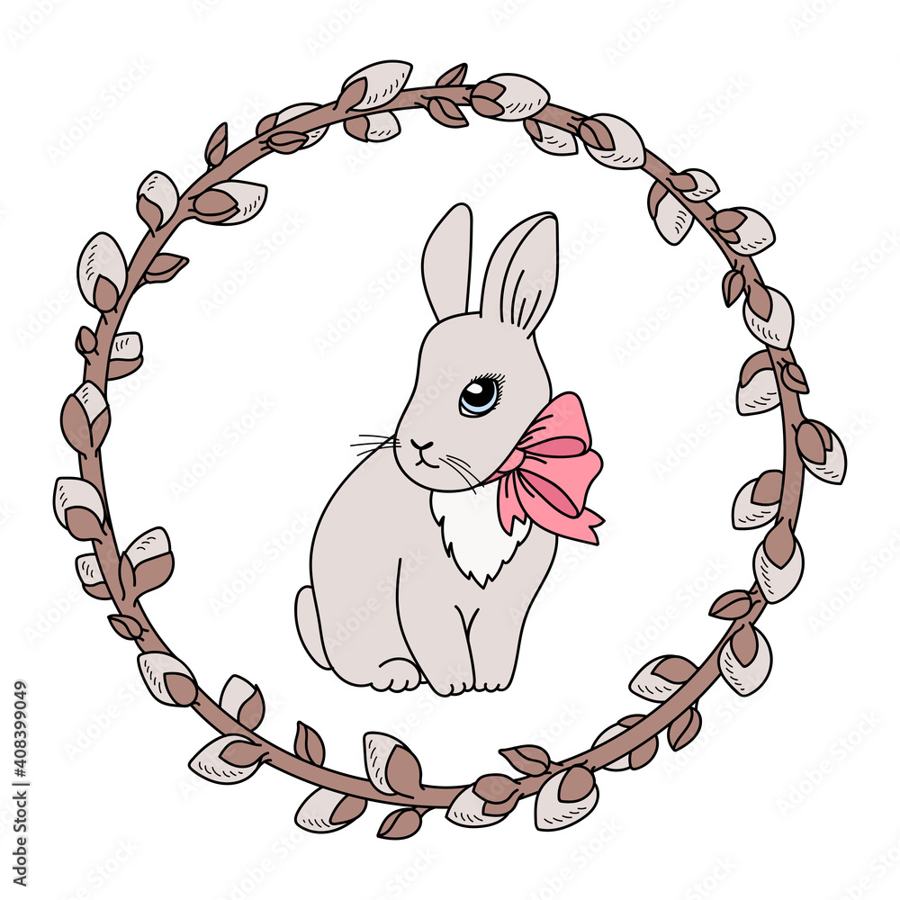 Vector Cartoon Easter Bunny with pink bow and willow tree branches ...