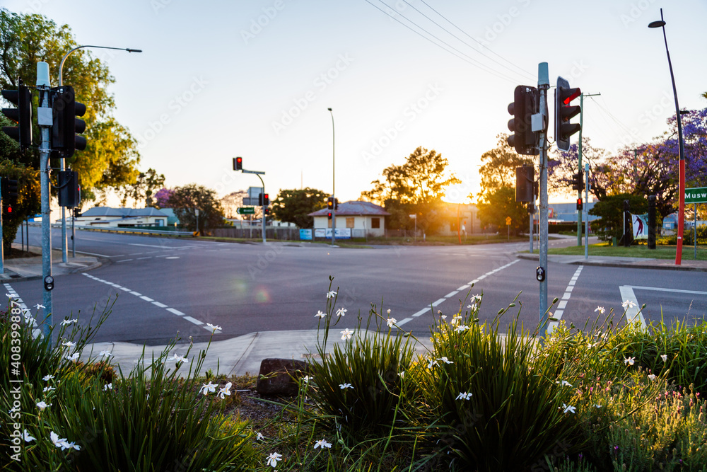 Garden and traffic lights at intersection at sundown Stock Photo ...