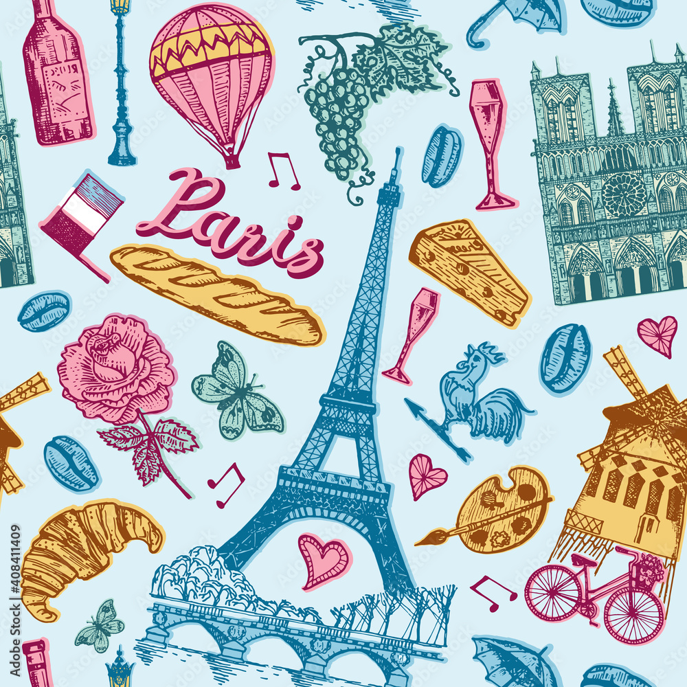 Paris seamless pattern in vintage retro style. France, eiffel tower and ...
