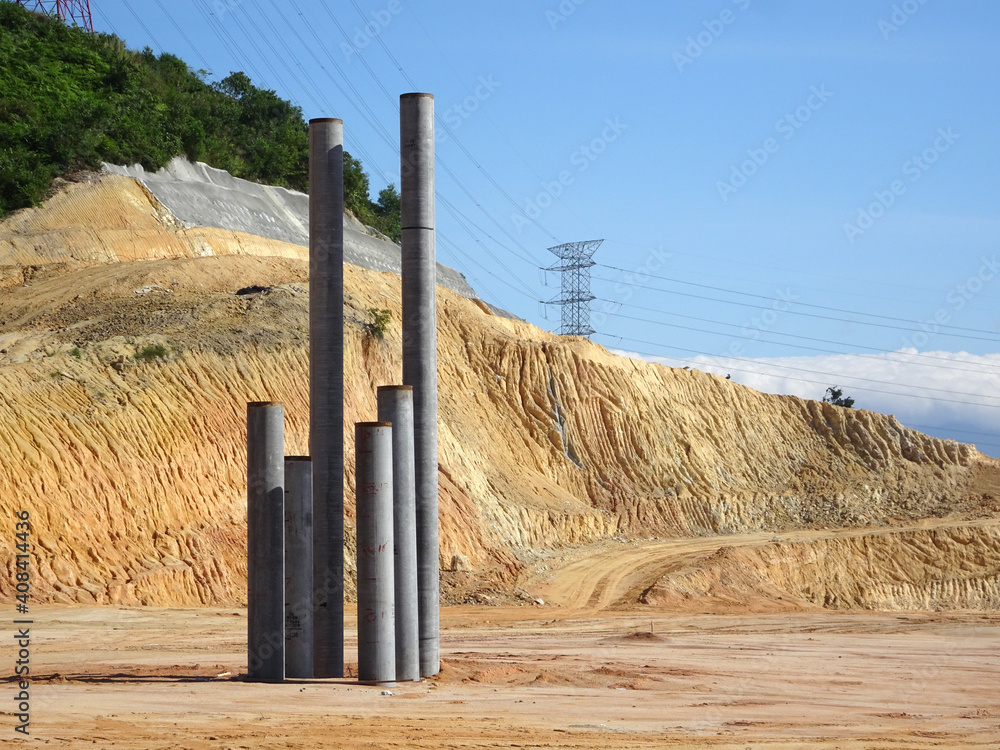 IPOH, MALAYSIA -MARCH 03, 2020: Bore pile materials made from strong ...