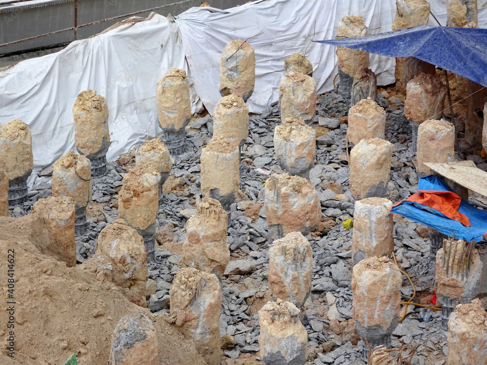 IPOH, MALAYSIA -MARCH 03, 2020: Bore pile materials made from strong ...