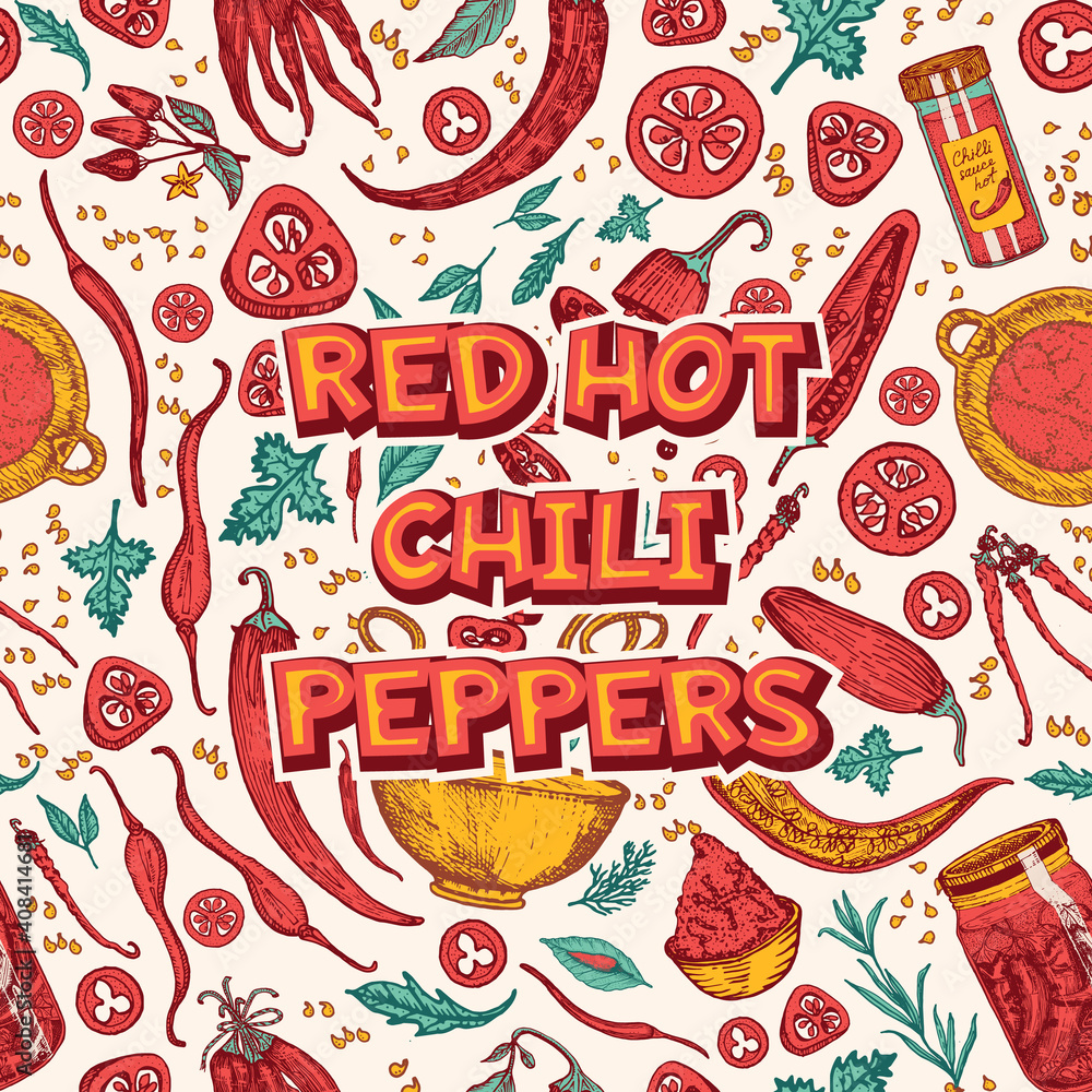 Red hot chili peppers. Seamless pattern in vintage style. Salad ...