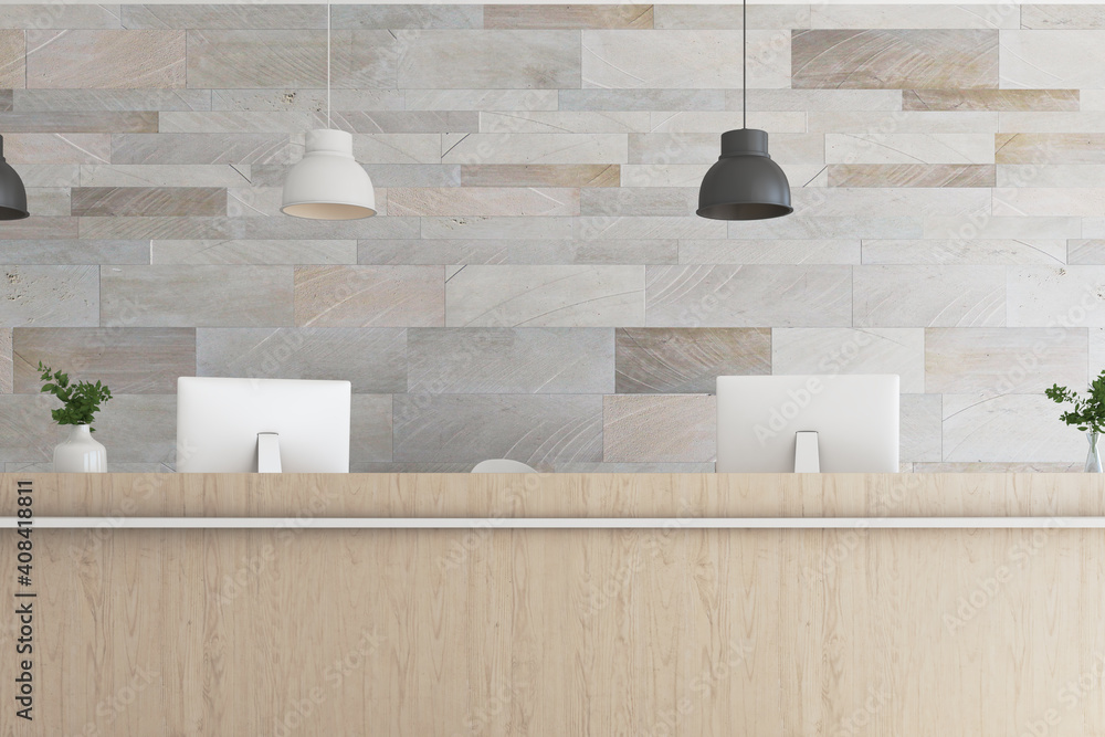 Minimalistic office lobby with wooden reception desk and two computers ...