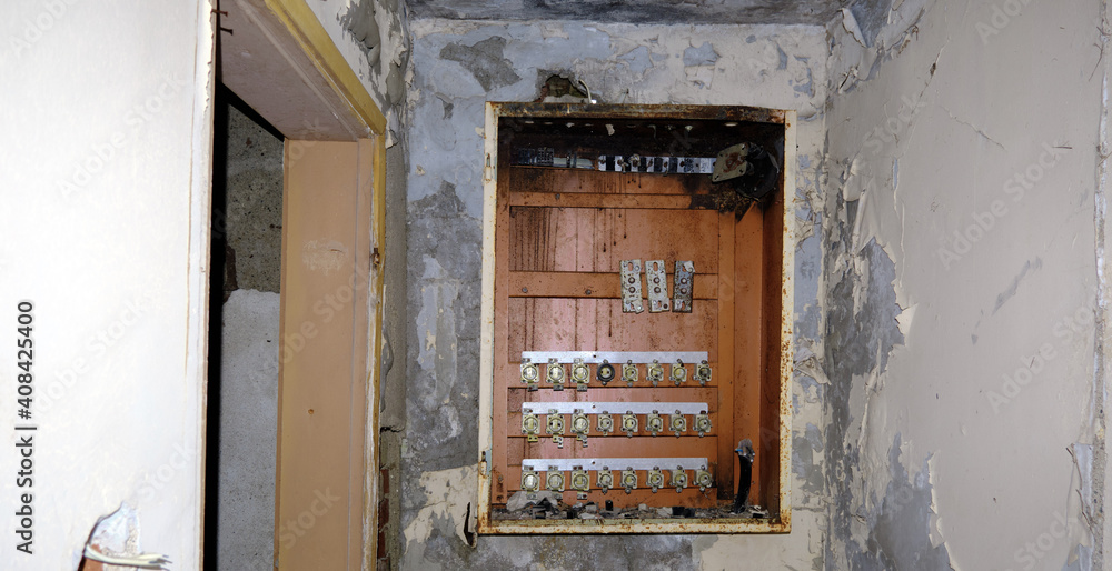 Old retro vintage style and dirty yellow electrical contact breaker and ...