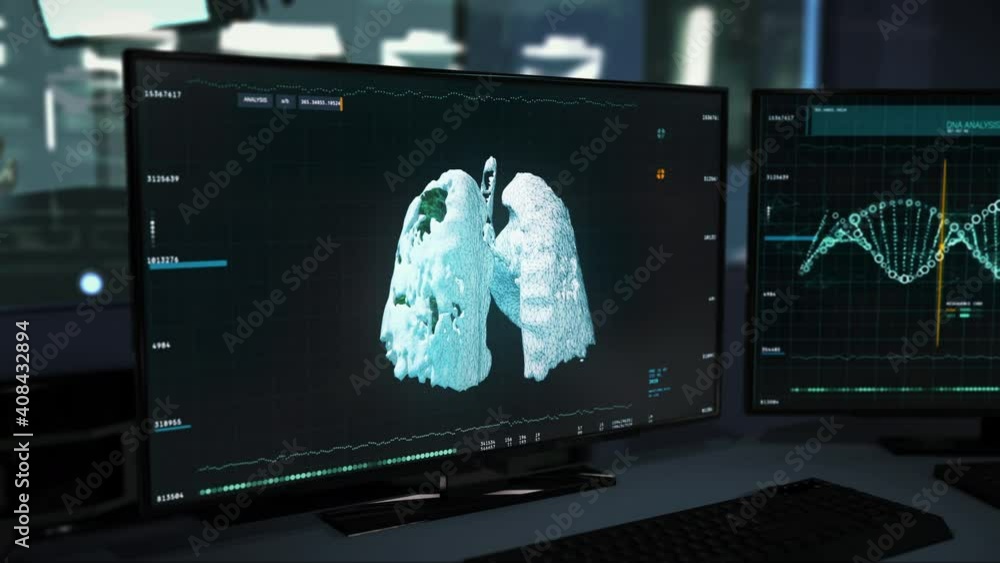 Inside a laboratory. Dark monitors on desk. Biomedical software ...