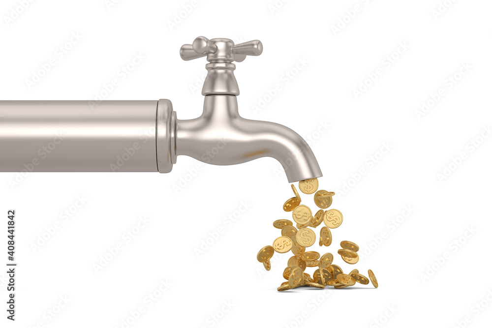 Water tap with gold coins isolated On White Background, 3D illustration ...