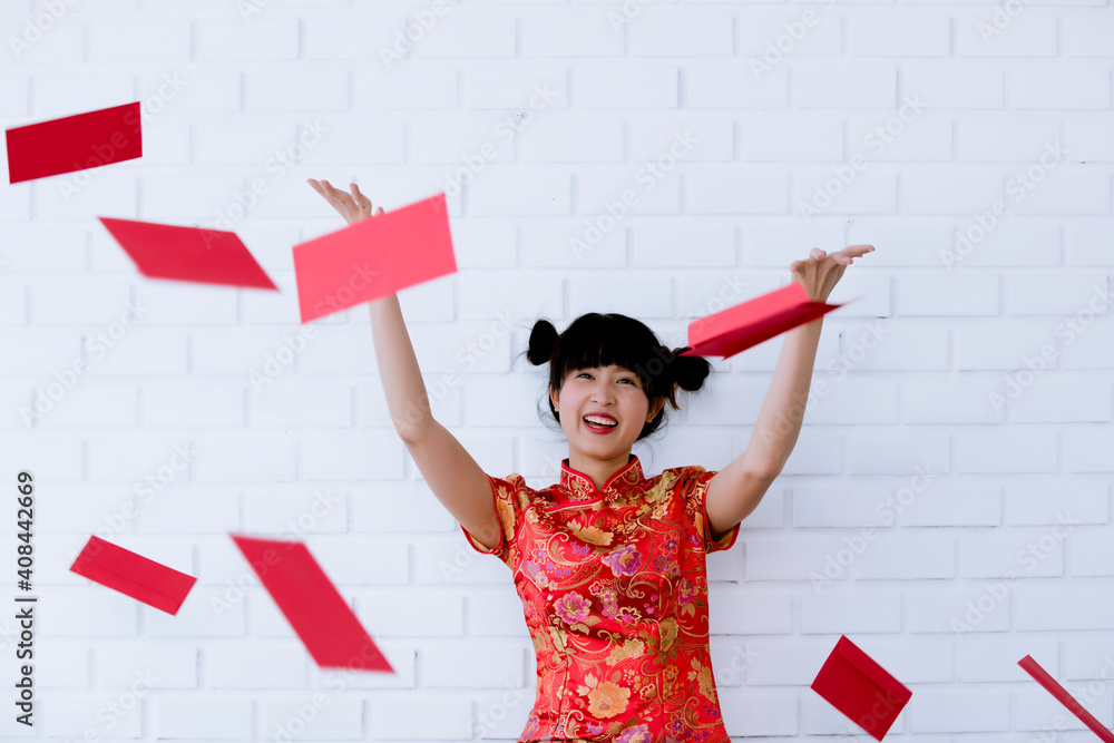 Happy Asian woman trown up red Ang Pao envelope , Portrait Chiness girl ...