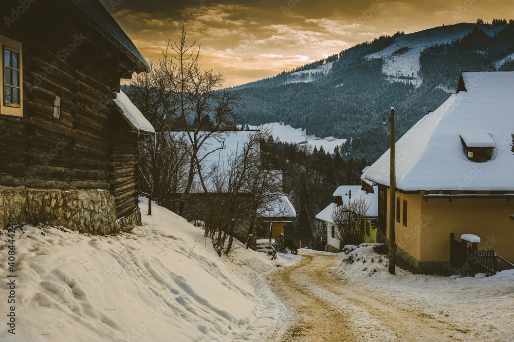 Log cabin houses in Vlkolinec,traditional settlement village in the ...