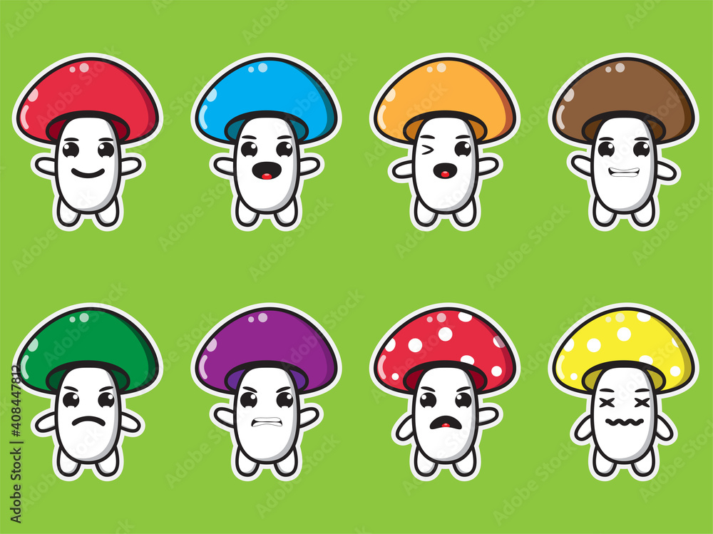 Vetor de Collection of cute cartoon mushrooms. Vector set of cartoon ...