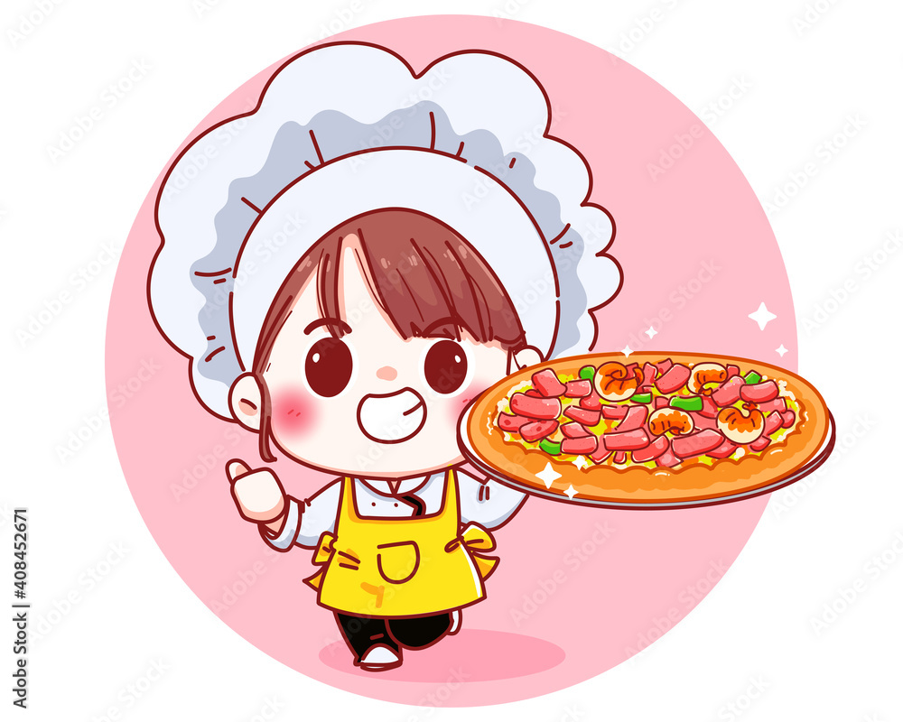 Cute Chef holding a pizza cartoon illustration Premium Vector Stock ...