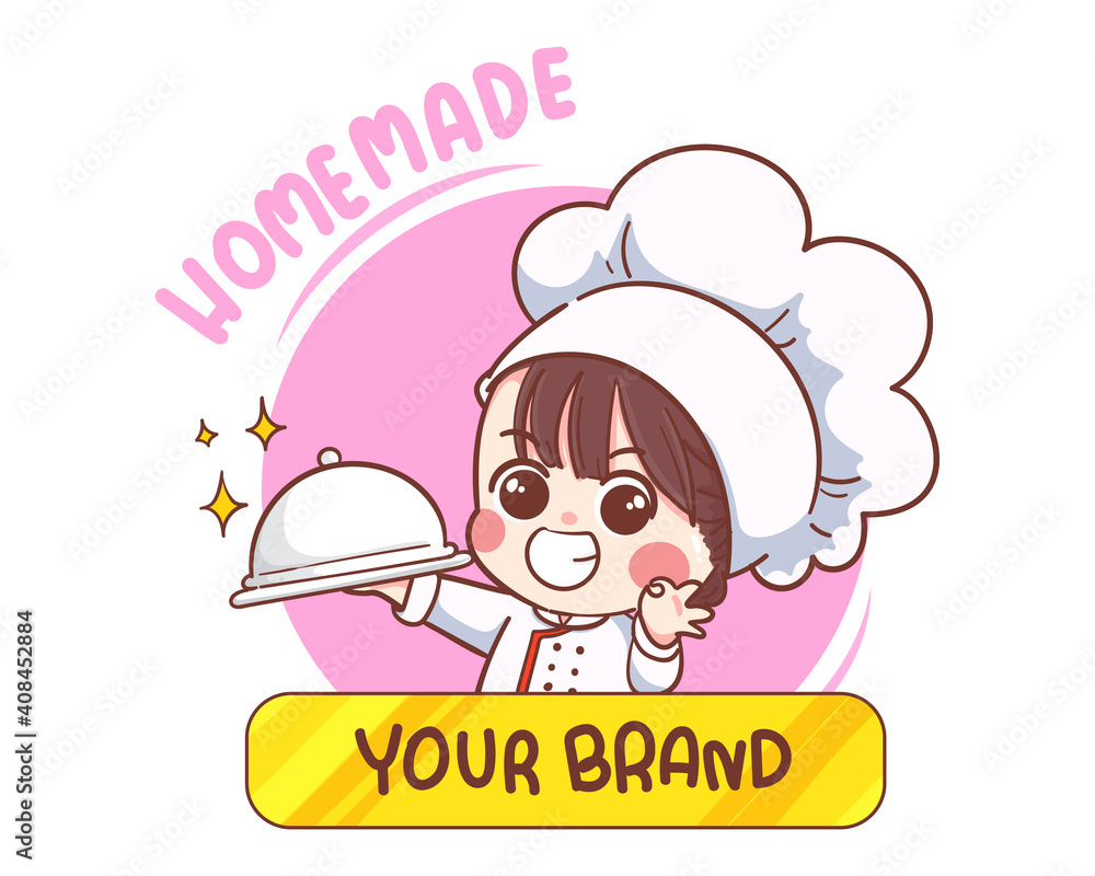 Smiling happy female chef Logo cooking. Hand drawn vector illustration ...