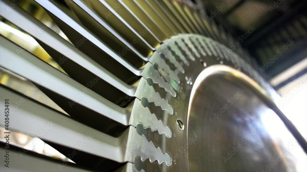 Tigh shot of large expander blades from a power recover train on large ...