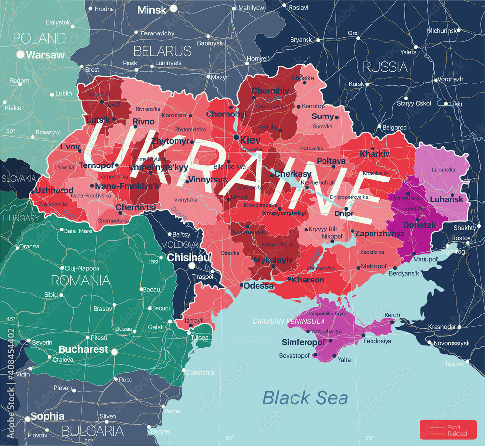 Ukraine detailed editable map with regions cities and towns, roads and ...