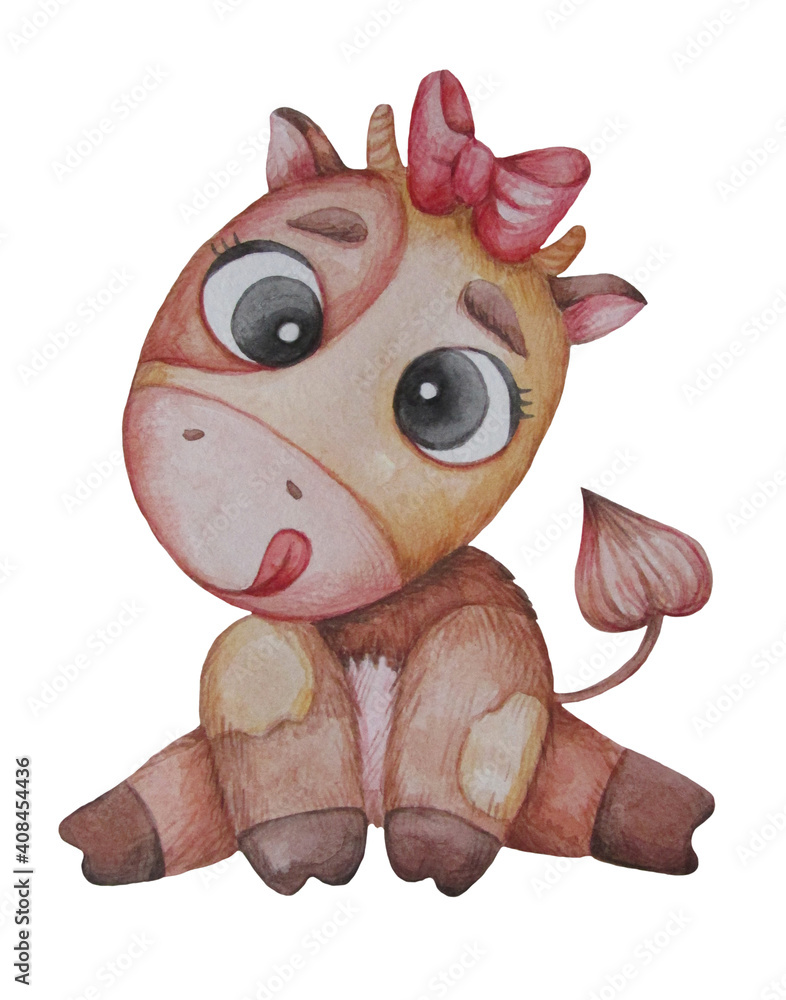 Little bull girl with a red bow sits and licks her lips on a white ...