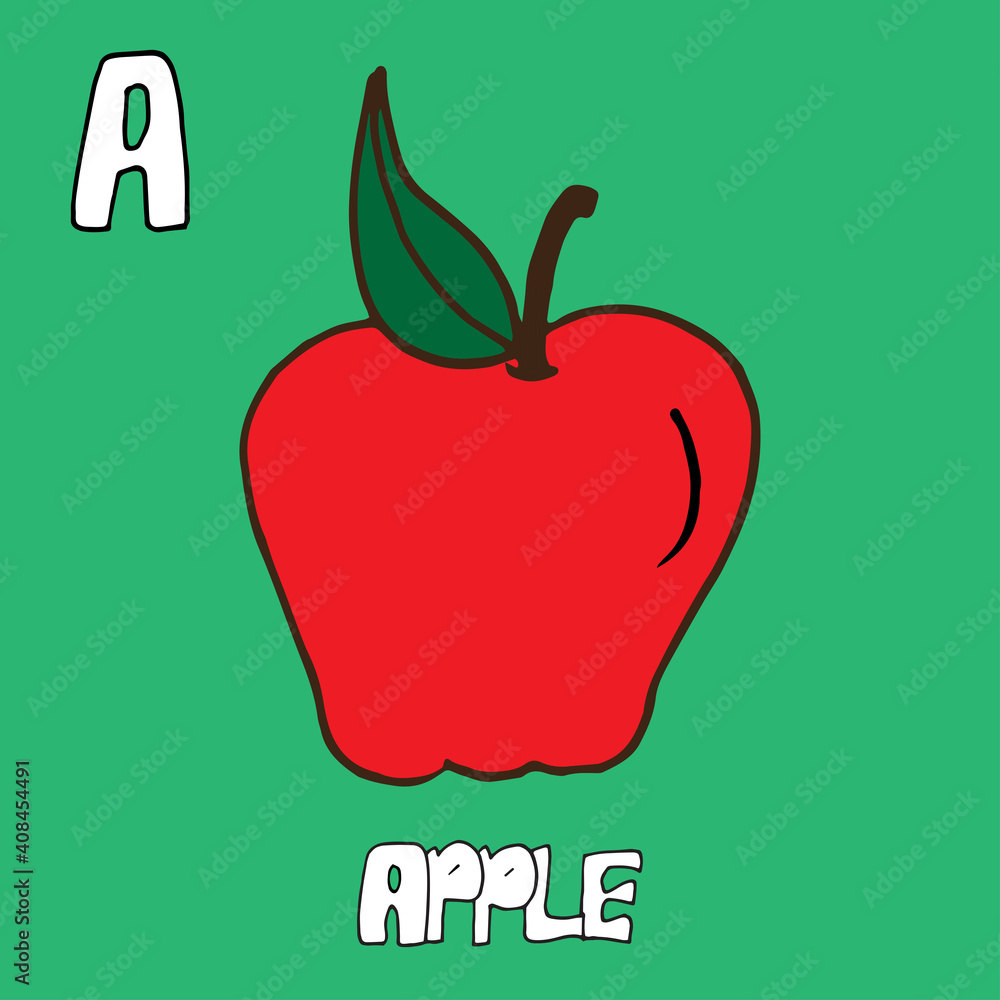 apple-hand drawn lettering. red apple with green leaf. vector ...