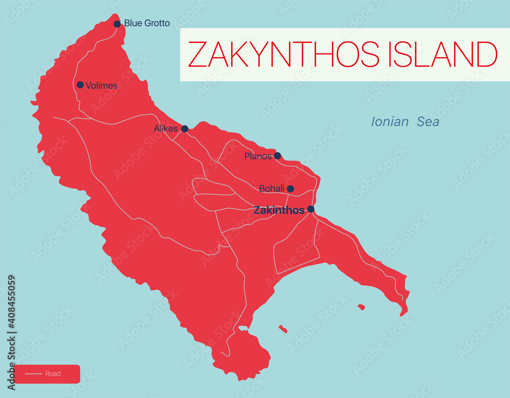 Zakynthos island detailed editable map with regions cities and towns ...