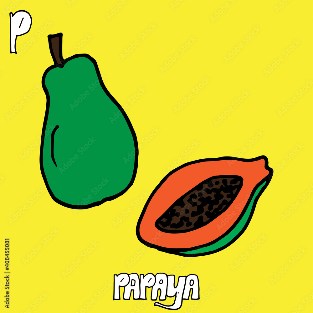 papaya-hand drawn lettering on yellow background. P-alphabet, english ...