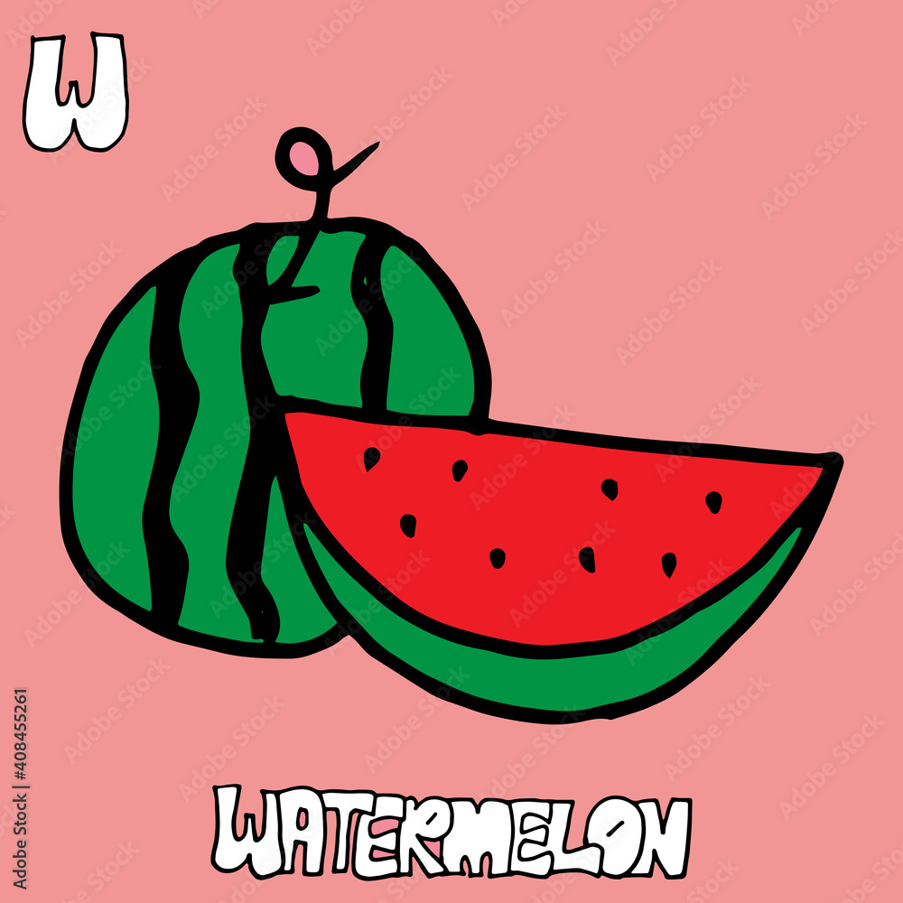 watermelon-hand drawn lettering on pink background. W-alphabet, english ...