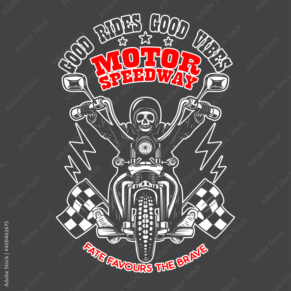 Motor speedway. Emblem template with skeleton on vintage motorcycle ...