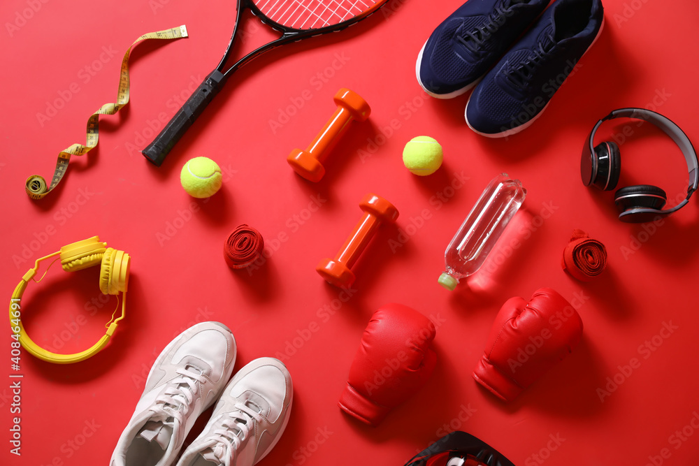 Set of sports equipment on color background Stock Photo | Adobe Stock