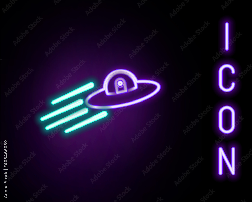 Glowing neon line UFO flying spaceship and alien icon isolated on black ...
