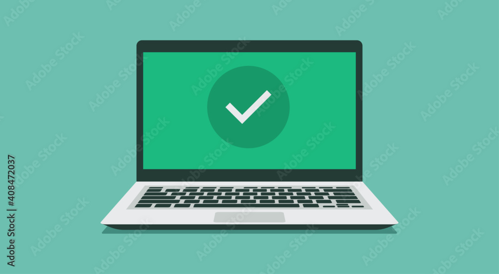 Check mark on laptop computer screen, vector flat illustration Stock ...