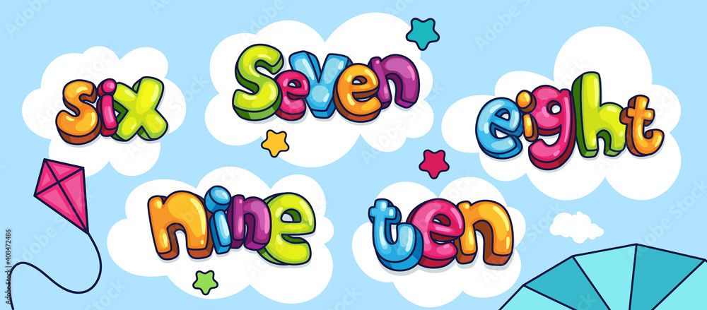 Set of colored words of numbers from six to ten. Vector cartoon ...