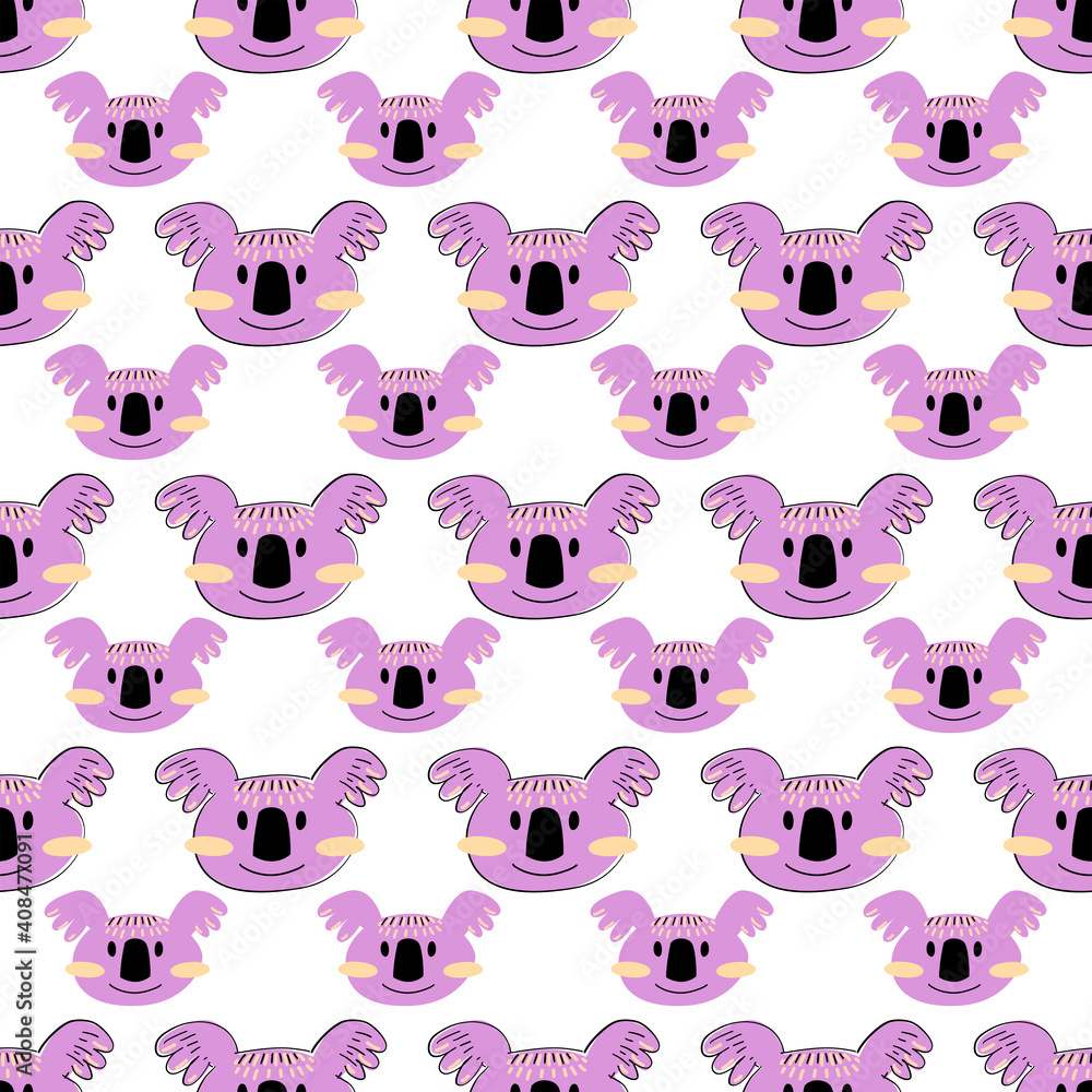 Cute pink koalas face seamless pattern in hand drawn style. Vector ...