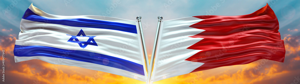 Bahrain Flag and Israel flag waving with texture sky Cloud and sunset ...