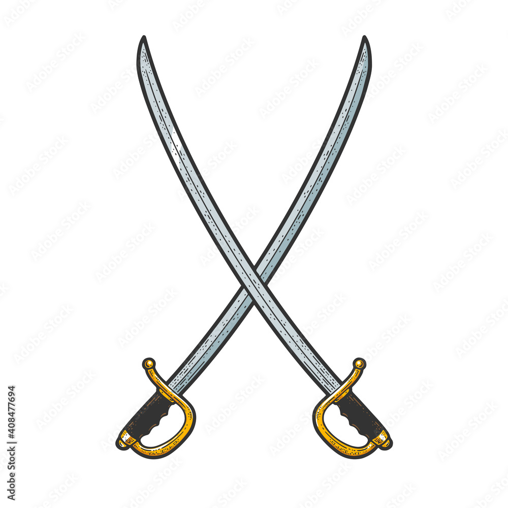 Crossed sabers swords color sketch engraving vector illustration. T ...