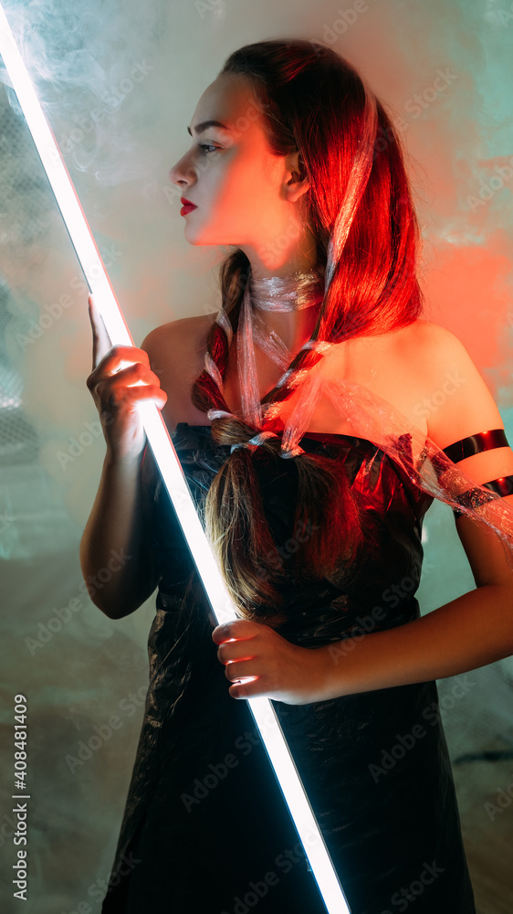 Neon light portrait. Powerful woman. Cosplay ancient character. Brave ...