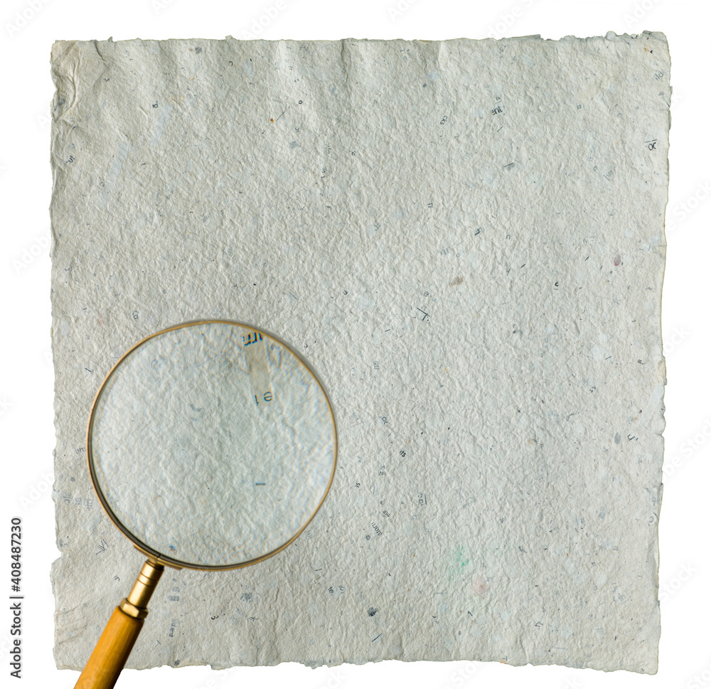Recycled grey vintage note paper texture with vintage magnifier on top ...