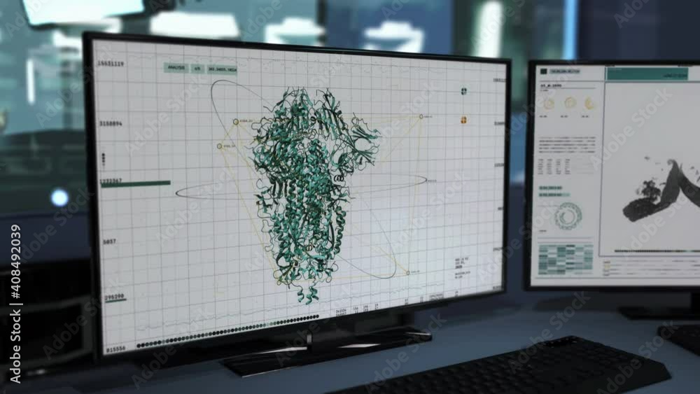 Inside a modern medical laboratory. Researching the new virus molecules ...