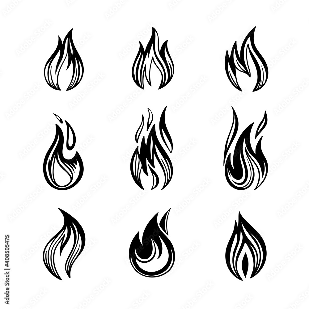 Vector illustrations of fires icon set of monochrome signs in ink hand ...