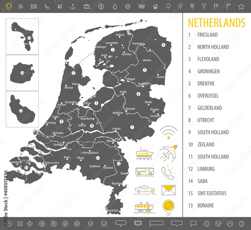 Detailed monochrome map of Netherlands, gray country territory with ...