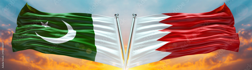 Bahrain Flag and Pakistan flag waving with texture sky Cloud and sunset ...