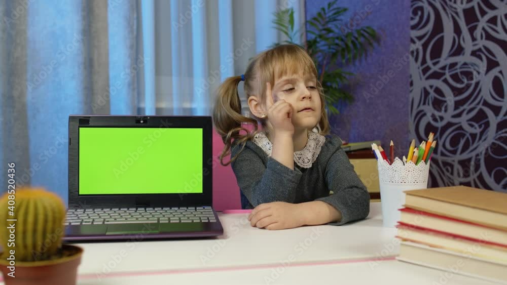 Preschool child girl distance online learning at home. Cute kid ...