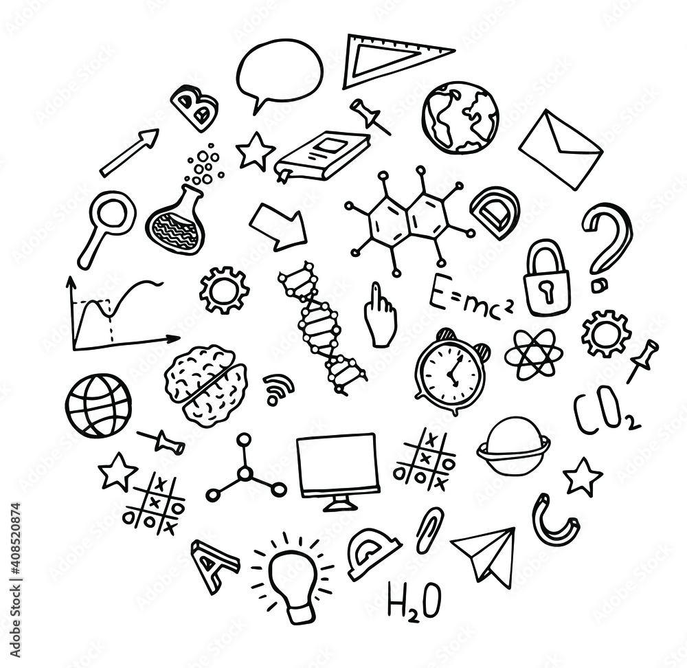 Vector set of school characters. Physics, chemistry, biology, geography ...