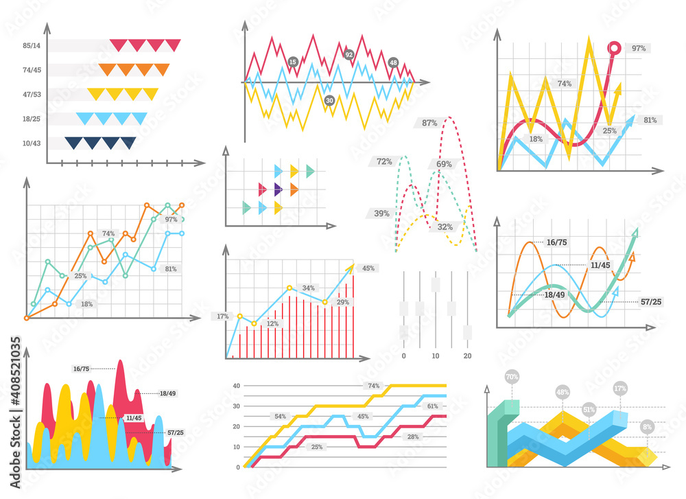 Infographic charts elements - bar and line charts, percents, pie charts ...