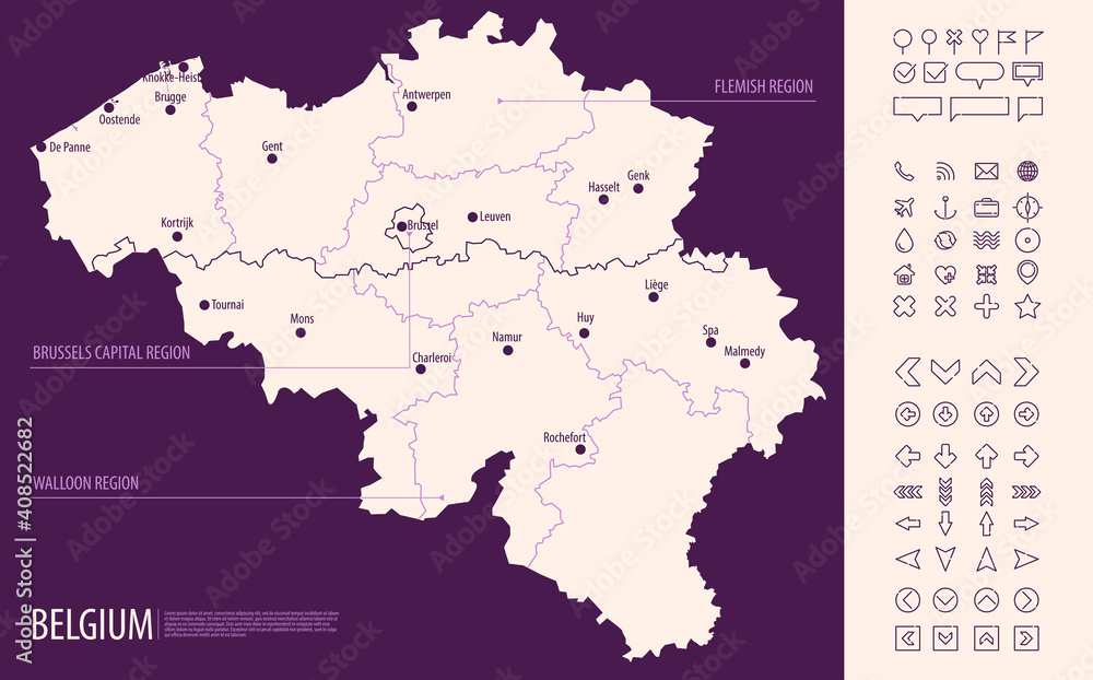 Detailed map of Belgium with administrative divisions on a dark ...