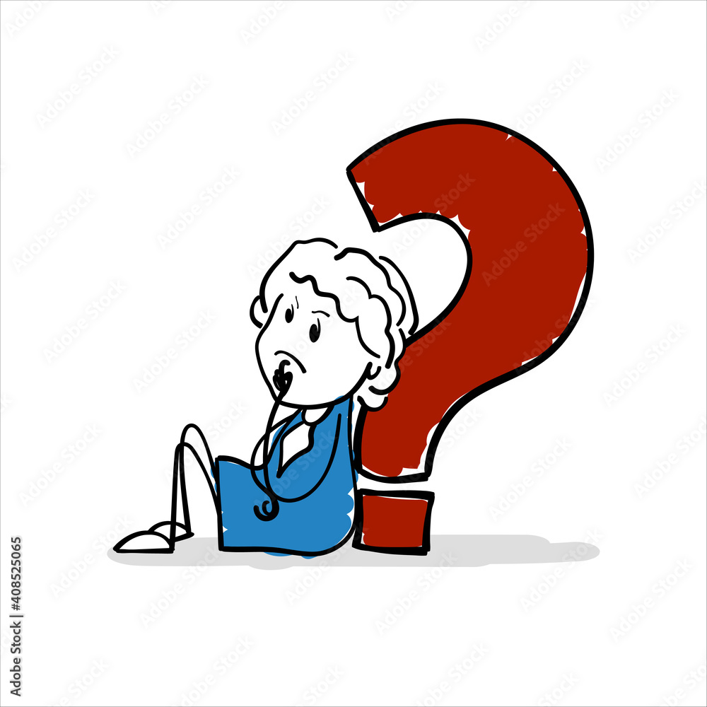 Cartoon Stick woman sitting next to question mark. Stick figure drawing ...