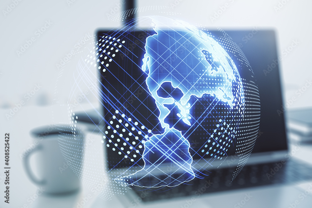 Digital America map on modern laptop background, international trading ...