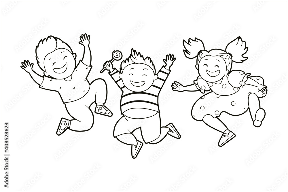 Cheerful children are jumping with joy. Vector illustration, coloring ...