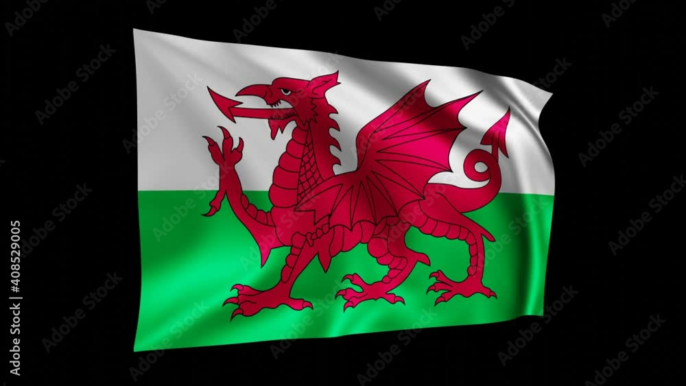 The flag of Wales animation, Baner Cymru 3D waving Welsh flag on black ...