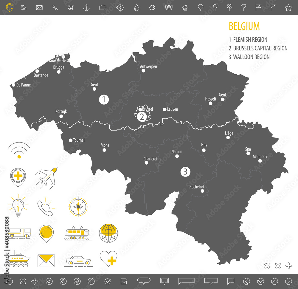 Detailed monochrome map of Belgium, gray country territory with ...