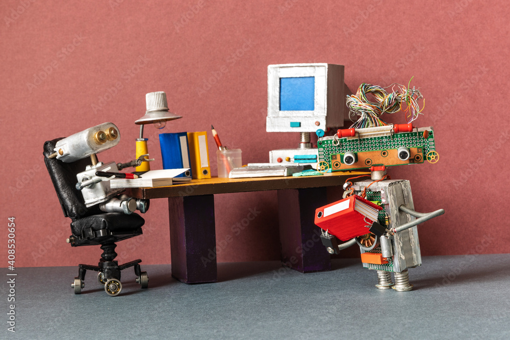 Retro office interior workspace and robots managers. Automation of ...
