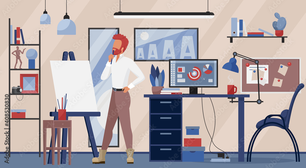 Creative designer studio workplace vector illustration. Cartoon man ...