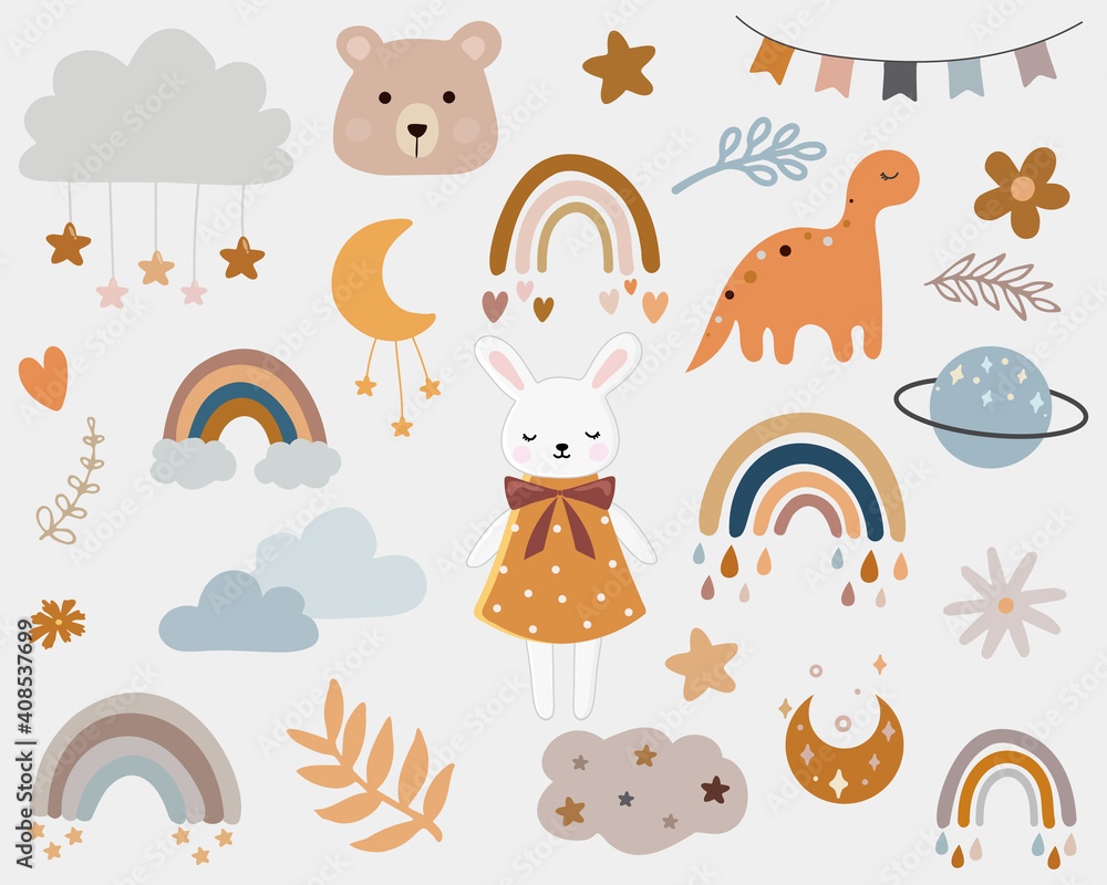 Vector boho clipart for nursery decoration with cute rainbows, moon ...